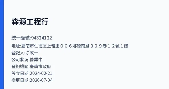 森源工程行的照片-統編 94324122(臺南市) 公司登記資料與營業項目詳細圖表