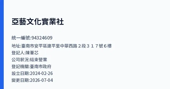 亞藝文化實業社的照片-統編 94324609(臺南市) 公司登記資料與營業項目詳細圖表