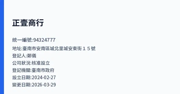 正壹商行的照片-統編 94324777(臺南市) 公司登記資料與營業項目詳細圖表