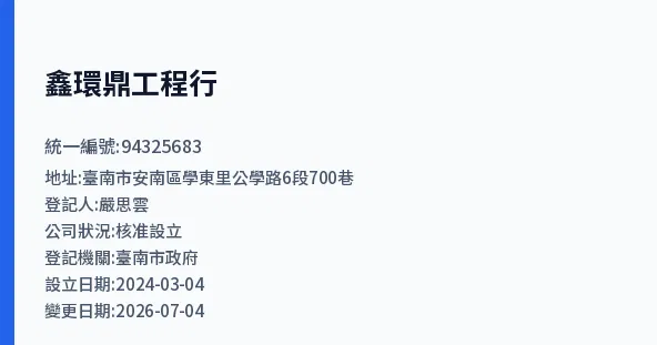 鑫環鼎工程行的照片-統編 94325683(臺南市) 公司登記資料與營業項目詳細圖表