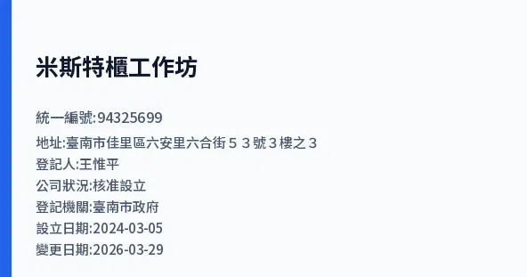 米斯特櫃工作坊的照片-統編 94325699(臺南市) 公司登記資料與營業項目詳細圖表