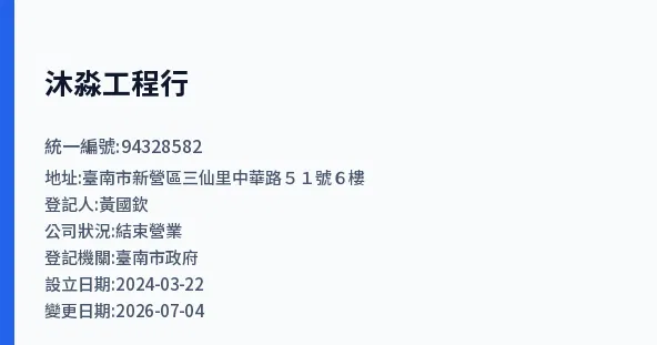 沐淼工程行的照片-統編 94328582(臺南市) 公司登記資料與營業項目詳細圖表