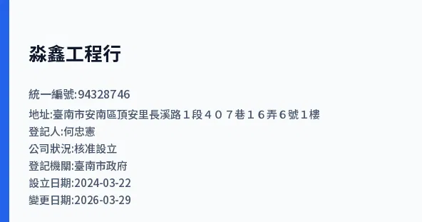 淼鑫工程行的照片-統編 94328746(臺南市) 公司登記資料與營業項目詳細圖表
