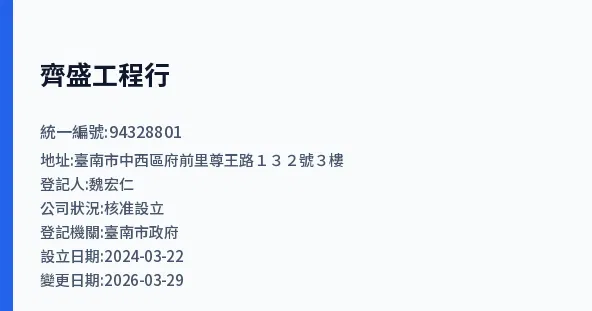 齊盛工程行的照片-統編 94328801(臺南市) 公司登記資料與營業項目詳細圖表
