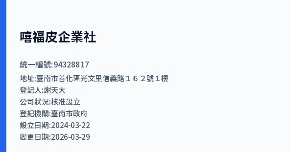 嘻福皮企業社的照片-統編 94328817(臺南市) 公司登記資料與營業項目詳細圖表