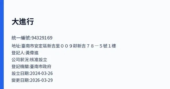 大進行的照片-統編 94329169(臺南市) 公司登記資料與營業項目詳細圖表