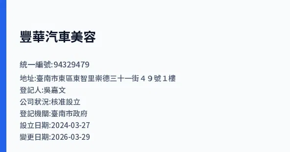 豐華汽車美容的照片-統編 94329479(臺南市) 公司登記資料與營業項目詳細圖表