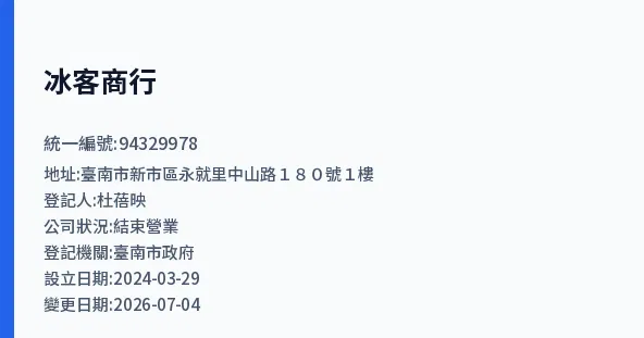 冰客商行的照片-統編 94329978(臺南市) 公司登記資料與營業項目詳細圖表