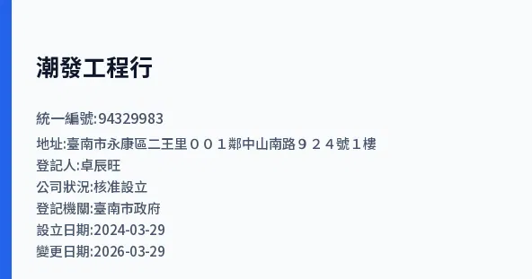潮發工程行的照片-統編 94329983(臺南市) 公司登記資料與營業項目詳細圖表