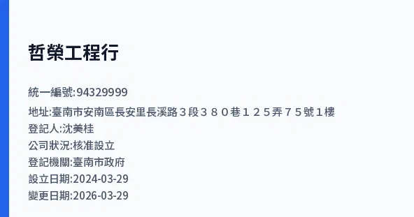 哲榮工程行的照片-統編 94329999(臺南市) 公司登記資料與營業項目詳細圖表