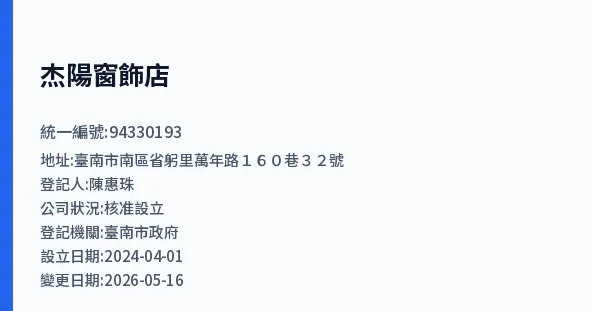 杰陽窗飾店的照片-統編 94330193(臺南市) 公司登記資料與營業項目詳細圖表