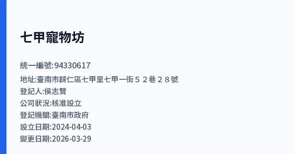 七甲寵物坊的照片-統編 94330617(臺南市) 公司登記資料與營業項目詳細圖表