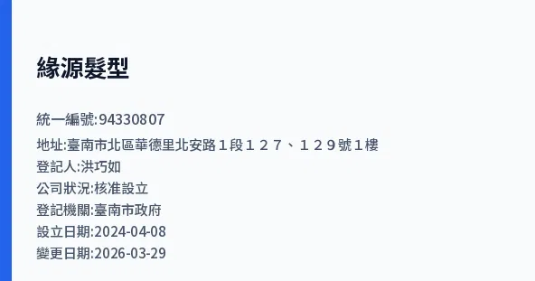 緣源髮型的照片-統編 94330807(臺南市) 公司登記資料與營業項目詳細圖表