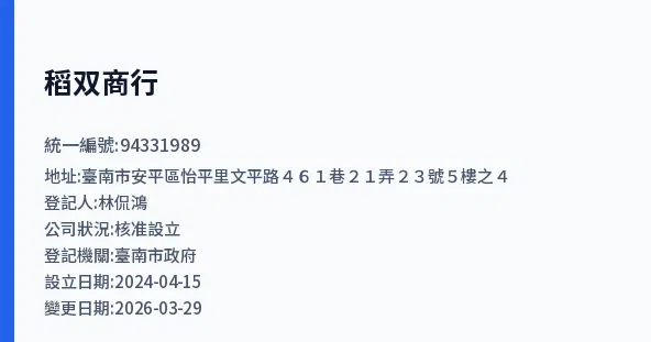 稻双商行的照片-統編 94331989(臺南市) 公司登記資料與營業項目詳細圖表