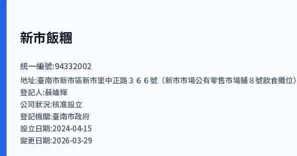 新市飯糰的照片-統編 94332002(臺南市) 公司登記資料與營業項目詳細圖表