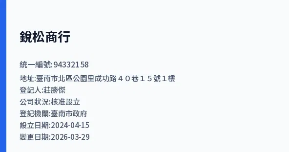 銳松商行的照片-統編 94332158(臺南市) 公司登記資料與營業項目詳細圖表