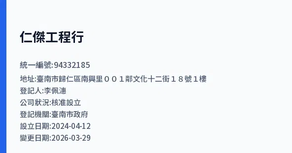 仁傑工程行的照片-統編 94332185(臺南市) 公司登記資料與營業項目詳細圖表