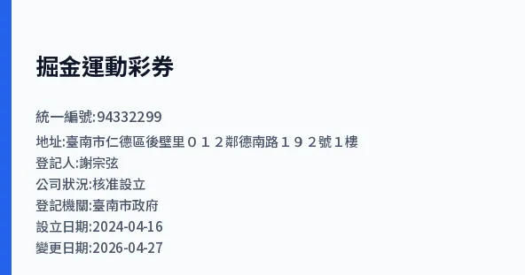 掘金運動彩券的照片-統編 94332299(臺南市) 公司登記資料與營業項目詳細圖表