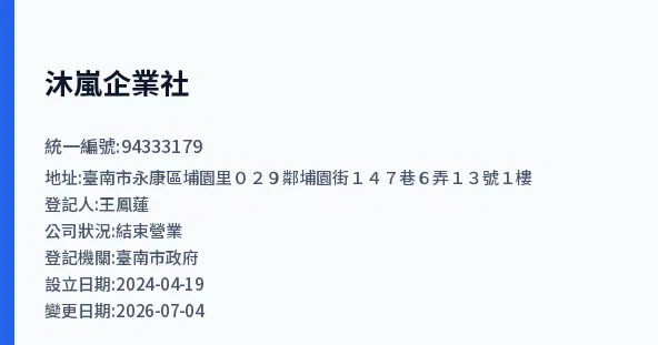 沐嵐企業社的照片-統編 94333179(臺南市) 公司登記資料與營業項目詳細圖表