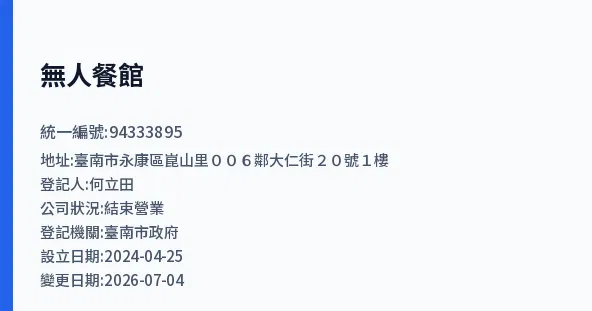 無人餐館的照片-統編 94333895(臺南市) 公司登記資料與營業項目詳細圖表