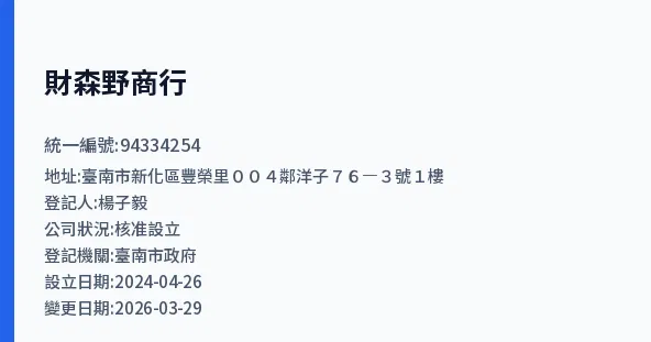 財森野商行的照片-統編 94334254(臺南市) 公司登記資料與營業項目詳細圖表