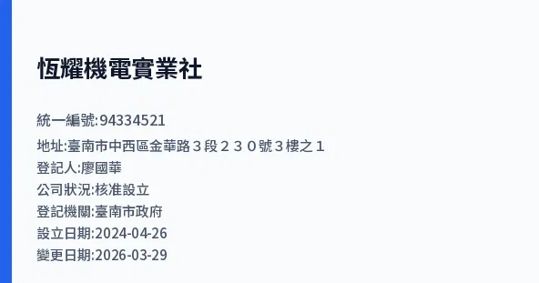 恆耀機電實業社的照片-統編 94334521(臺南市) 公司登記資料與營業項目詳細圖表