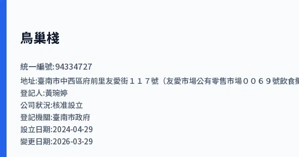鳥巢棧的照片-統編 94334727(臺南市) 公司登記資料與營業項目詳細圖表