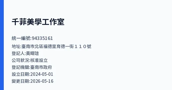 千菲美學工作室的照片-統編 94335161(臺南市) 公司登記資料與營業項目詳細圖表