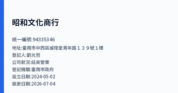 昭和文化商行的照片-統編 94335346(臺南市) 公司登記資料與營業項目詳細圖表