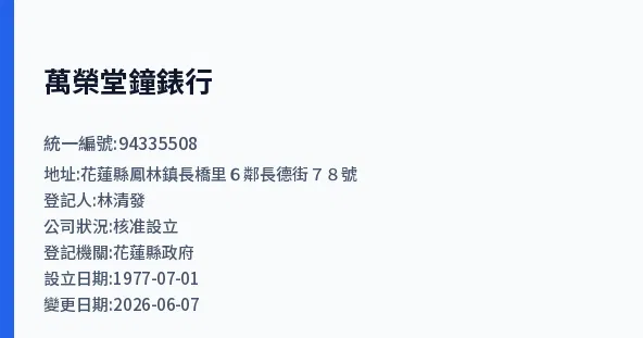 萬榮堂鐘錶行的照片-統編 94335508(花蓮縣) 公司登記資料與營業項目詳細圖表