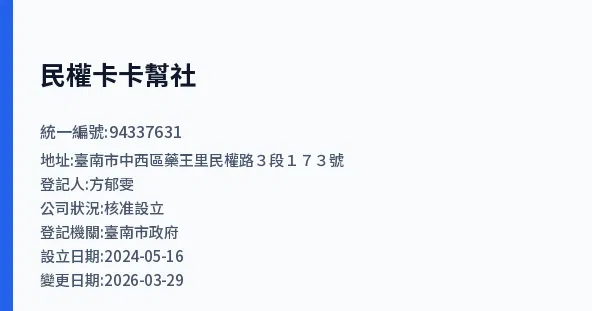 民權卡卡幫社的照片-統編 94337631(臺南市) 公司登記資料與營業項目詳細圖表