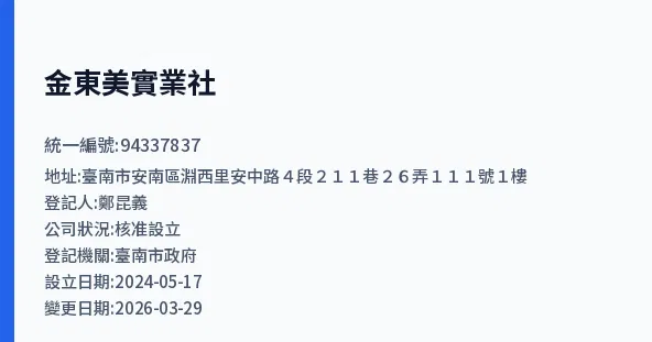 金東美實業社的照片-統編 94337837(臺南市) 公司登記資料與營業項目詳細圖表
