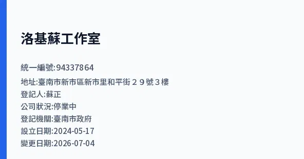 洛基蘇工作室的照片-統編 94337864(臺南市) 公司登記資料與營業項目詳細圖表