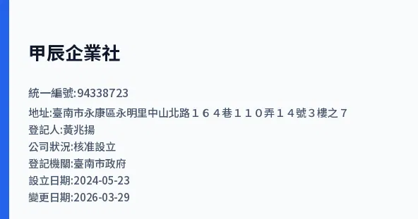甲辰企業社的照片-統編 94338723(臺南市) 公司登記資料與營業項目詳細圖表
