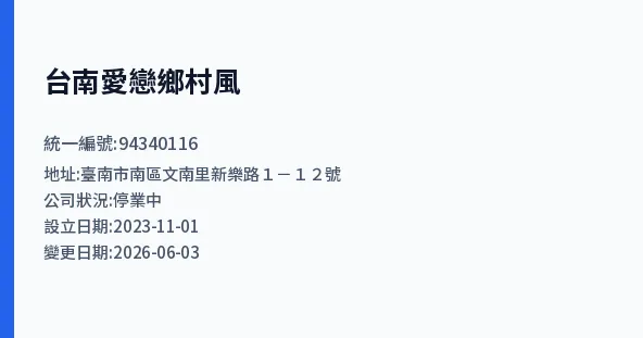 台南愛戀鄉村風的照片-統編 94340116(臺南市) 公司登記資料與營業項目詳細圖表