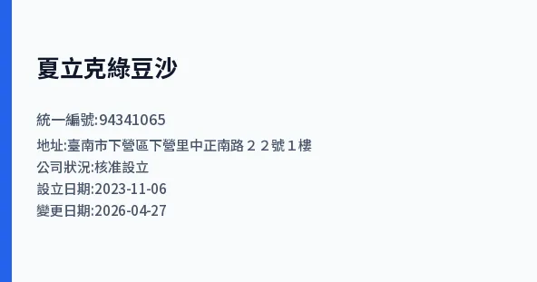 夏立克綠豆沙的照片-統編 94341065(臺南市) 公司登記資料與營業項目詳細圖表