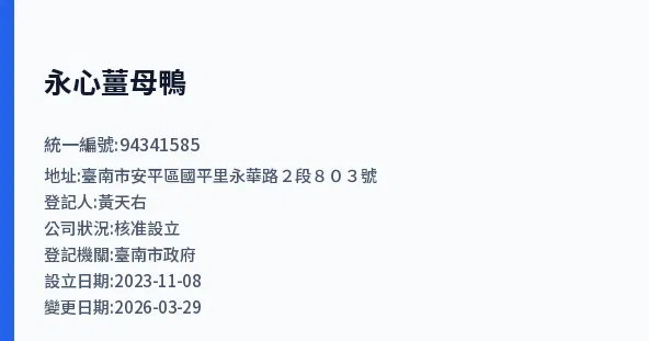 永心薑母鴨的照片-統編 94341585(臺南市) 公司登記資料與營業項目詳細圖表