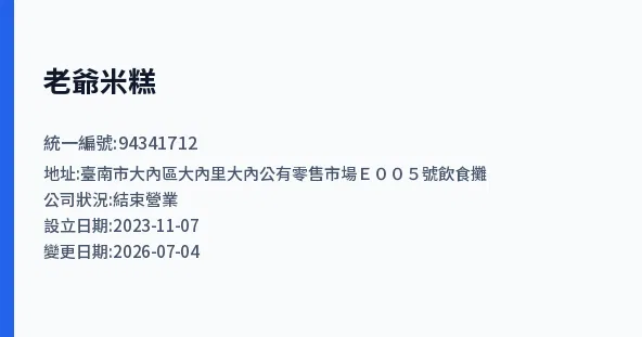 老爺米糕的照片-統編 94341712(臺南市) 公司登記資料與營業項目詳細圖表