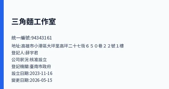 三角麵工作室的照片-統編 94343161(高雄市) 公司登記資料與營業項目詳細圖表