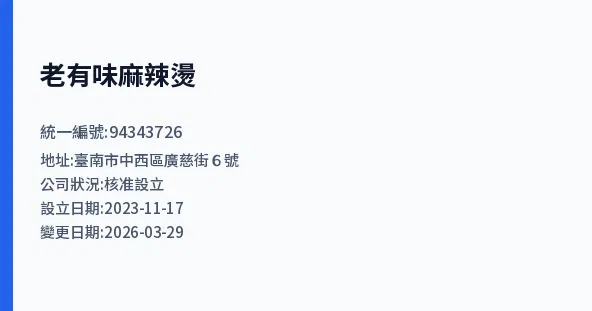 老有味麻辣燙的照片-統編 94343726(臺南市) 公司登記資料與營業項目詳細圖表