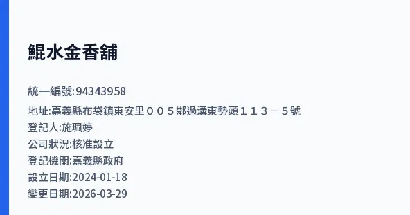 鯤水金香舖的照片-統編 94343958(嘉義縣) 公司登記資料與營業項目詳細圖表