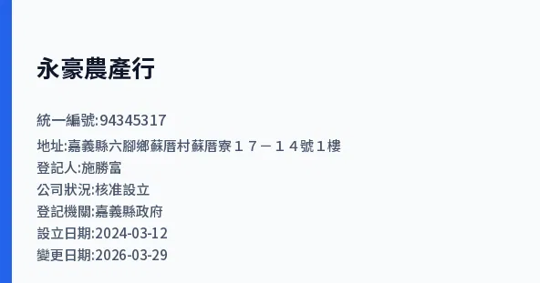 永豪農產行的照片-統編 94345317(嘉義縣) 公司登記資料與營業項目詳細圖表