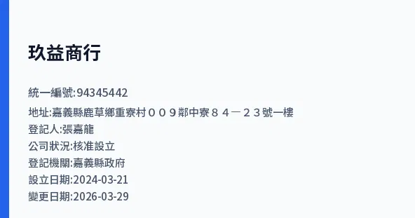 玖益商行的照片-統編 94345442(嘉義縣) 公司登記資料與營業項目詳細圖表