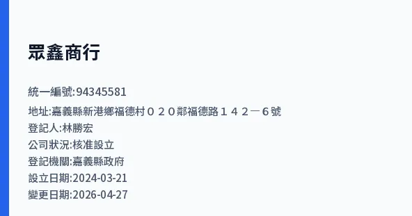 眾鑫商行的照片-統編 94345581(嘉義縣) 公司登記資料與營業項目詳細圖表