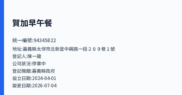 賀加早午餐的照片-統編 94345822(嘉義縣) 公司登記資料與營業項目詳細圖表
