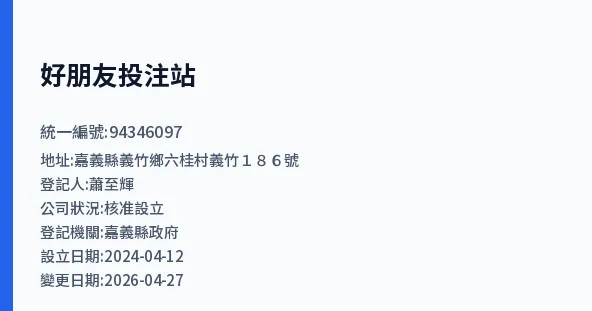 好朋友投注站的照片-統編 94346097(嘉義縣) 公司登記資料與營業項目詳細圖表