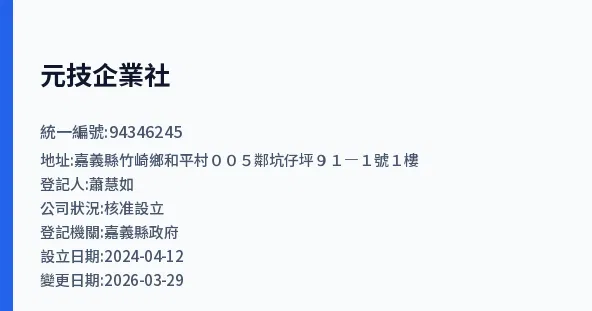 元技企業社的照片-統編 94346245(嘉義縣) 公司登記資料與營業項目詳細圖表