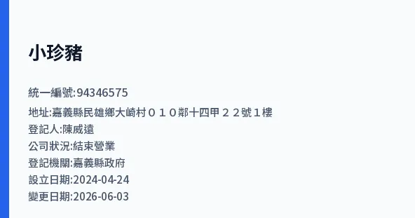 小珍豬的照片-統編 94346575(嘉義縣) 公司登記資料與營業項目詳細圖表