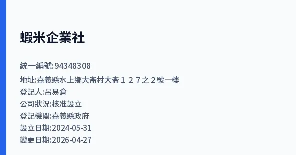 蝦米企業社的照片-統編 94348308(嘉義縣) 公司登記資料與營業項目詳細圖表