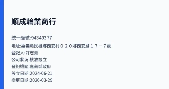 順成輪業商行的照片-統編 94349377(嘉義縣) 公司登記資料與營業項目詳細圖表